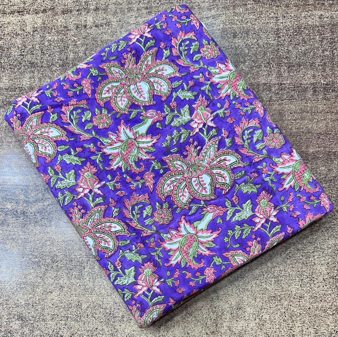 Purple Floral Hand Block Print Cotton Fabric, Indian Block Printed ...