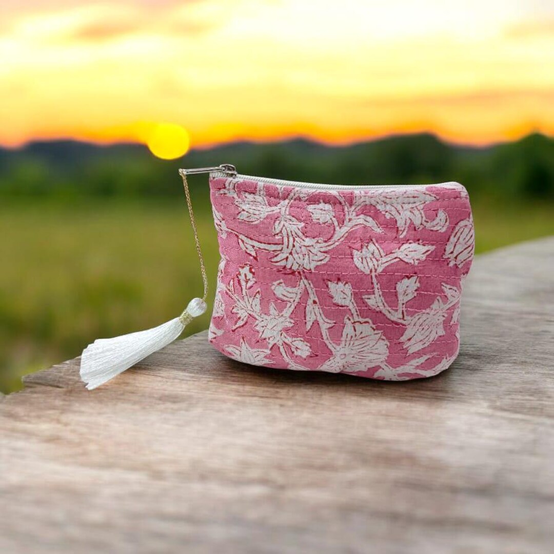 Personalized Mini Quilted Pouch | Pink Floral Block Print | Small ...