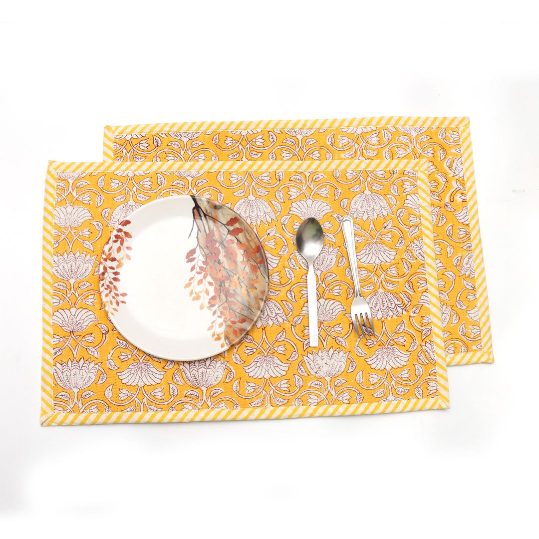 Yellow Floral Block Print Placemats Set, Hand Block Printed Cotton ...