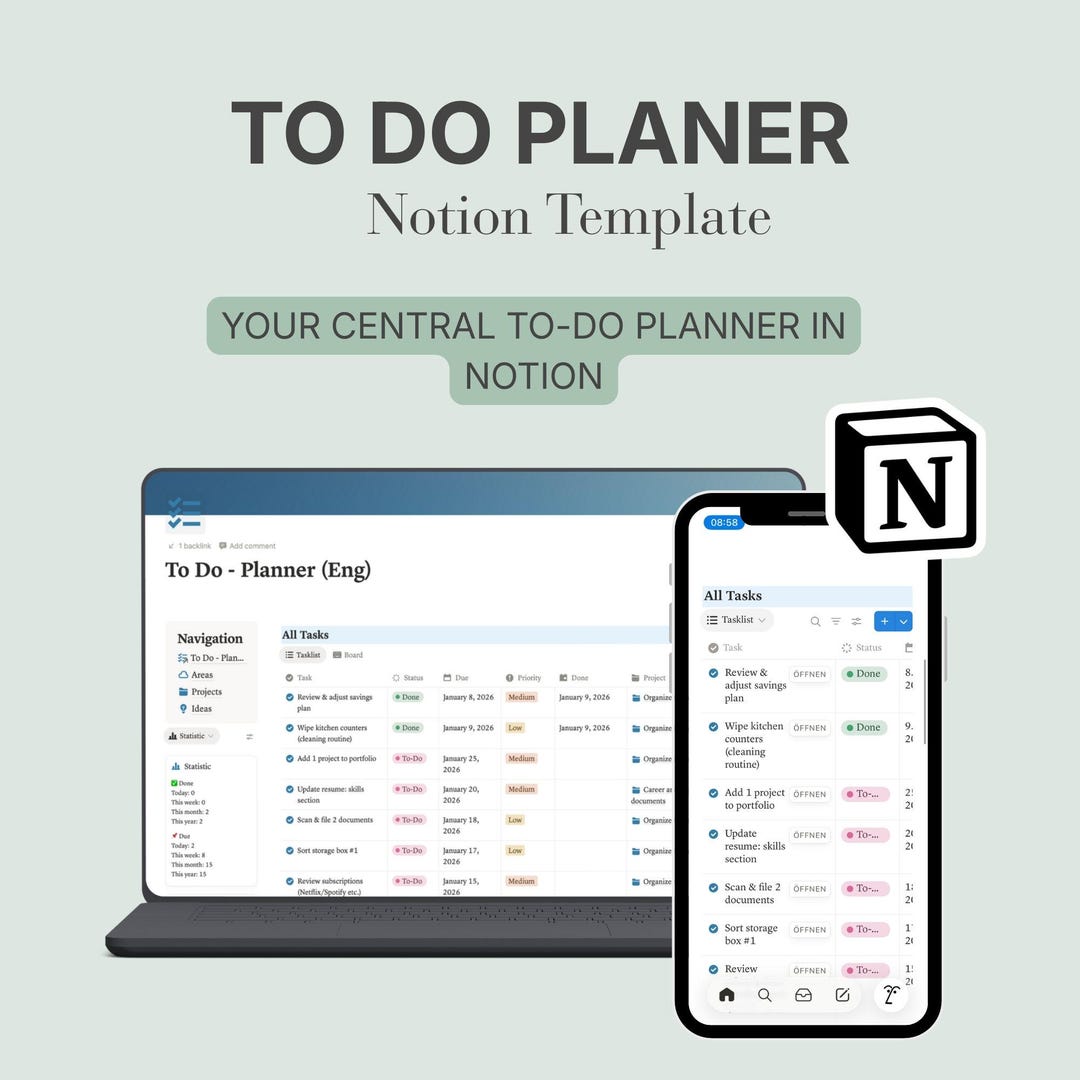 Notion To-do Planner | Task Database With Status, Due Dates, Areas ...