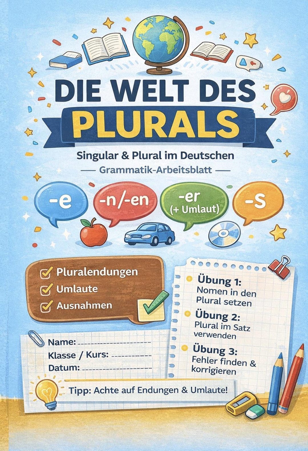 Plural Im Deutschen – Arbeitsblatt A1–A2 | Singular & Plural ...