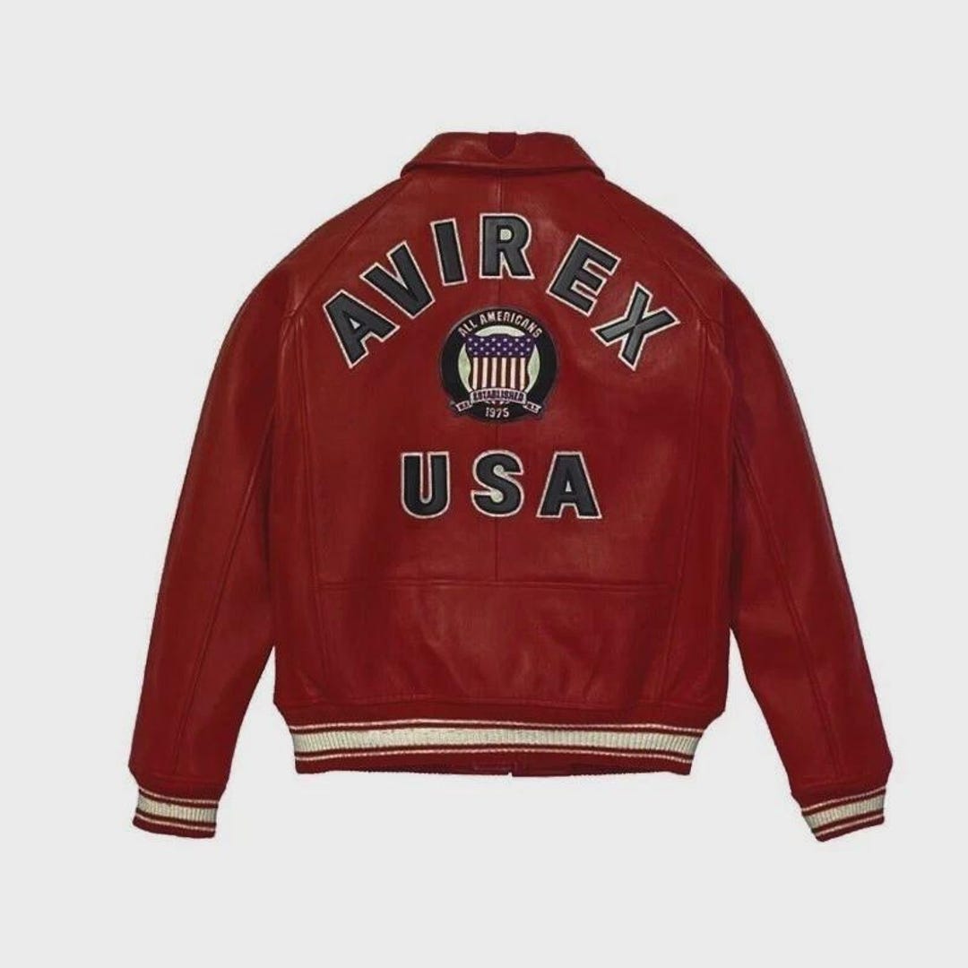 Men's Avirex Real Bomber American Flight Jacket 100% Lamb Leather Red ...