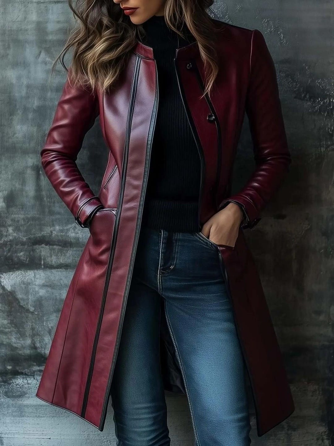 Sleek Maroon Leather Trench Coat for Women | Vintage Double-toned Long ...