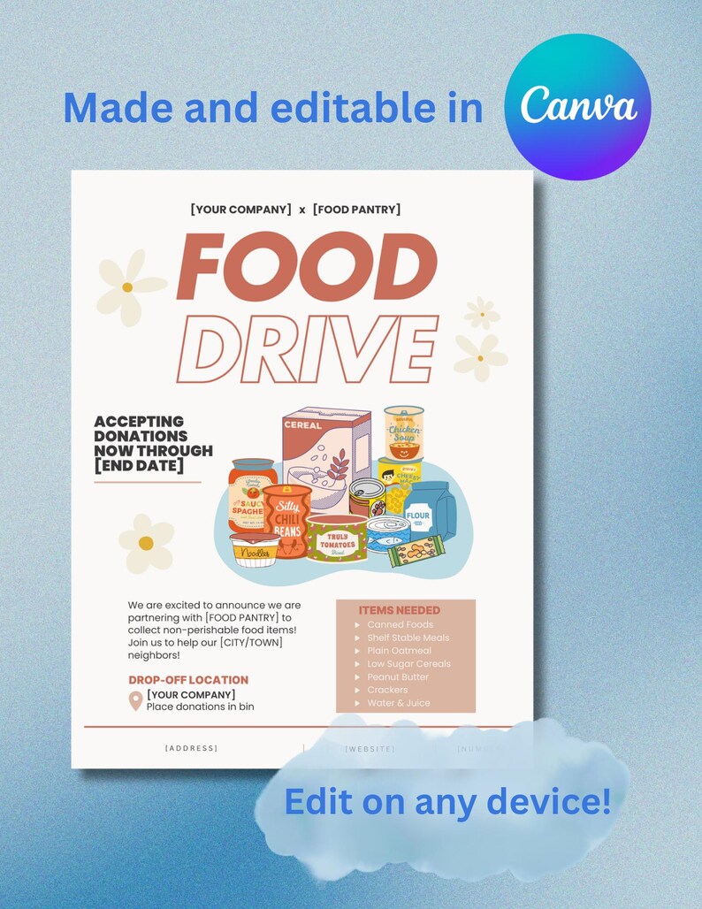 Editable Food Drive Flyer Template | Canva Donation Collection | School ...