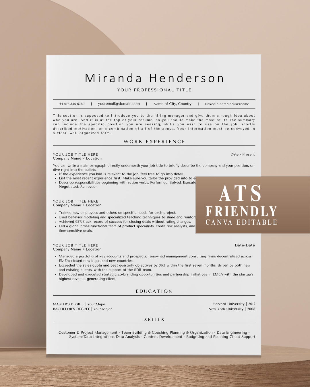 One Column Resume Template Canva Editable Minimal Clean ATS Friendly ...