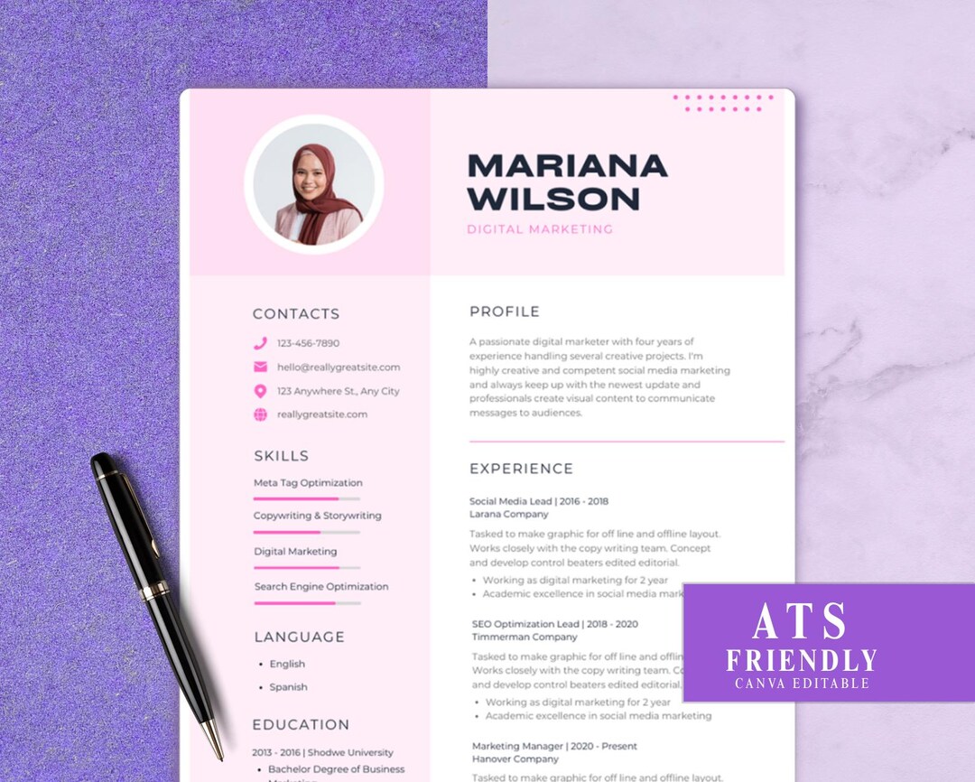 Digital Marketing Resume Template Canva Editable Modern ATS Friendly ...