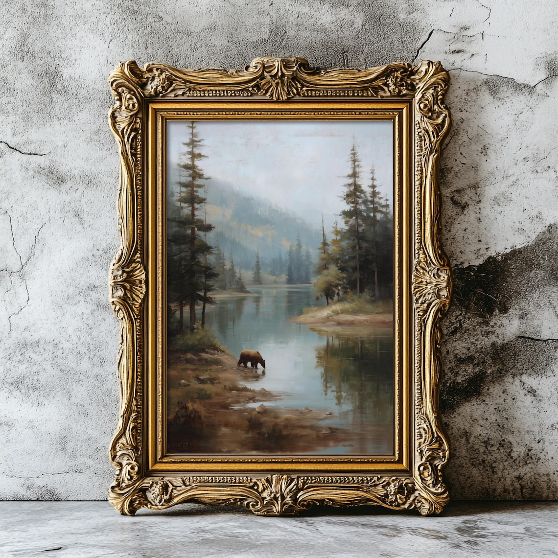 Mountain Nature Landscape Print, Wildlife Wall Art, Bear Forest Lake ...