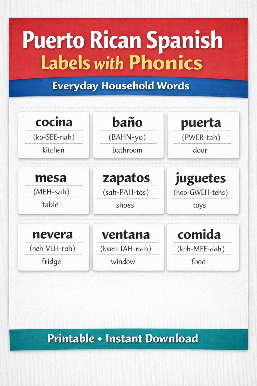 Puerto Rican Spanish Labels With Phonics – Cut-out Household Vocabulary ...