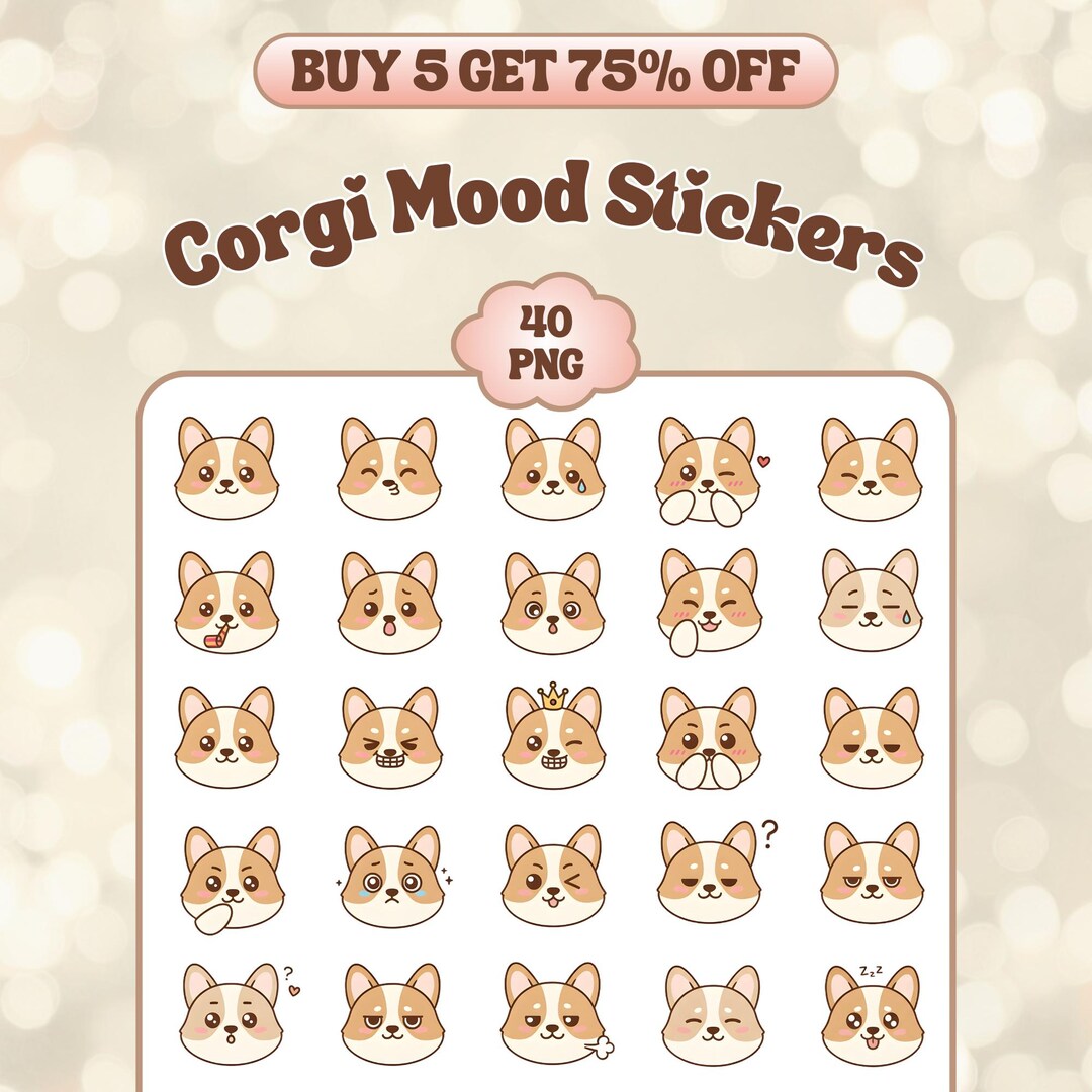 Kawaii Corgi Mood Stickers PNG Planner Printable Stickers Set of 40 ...