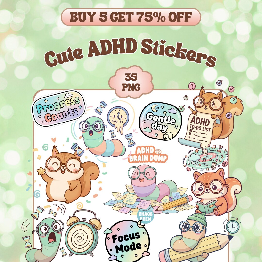 ADHD Self-care Stickers PNG Set – Cute Mental Health Clipart for ...