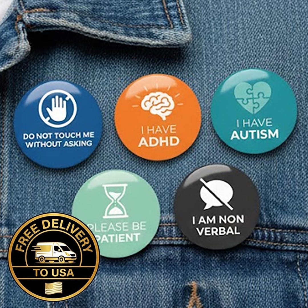 Neurodiversity & Badge Set of 5 X 2.25 Inch - Autism, ADHD, Non-verbal ...