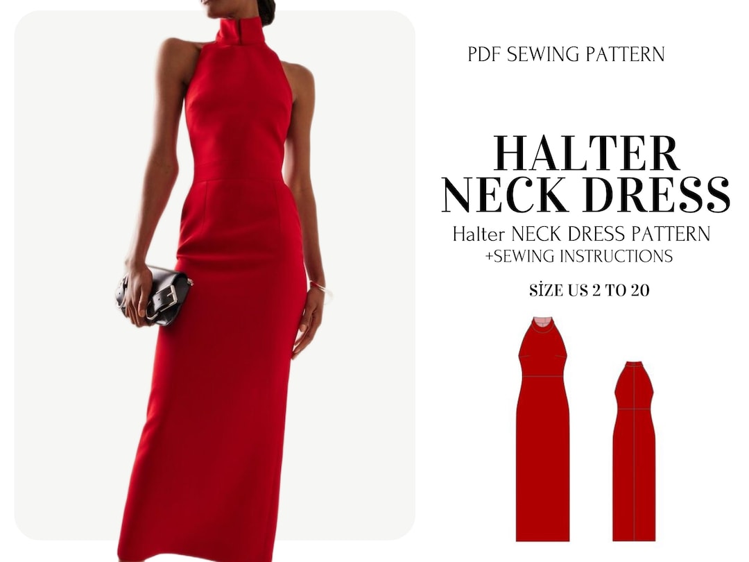 Elegant Halter Neck Evening Dress Sewing Pattern (PDF Download, US 2-20 ...