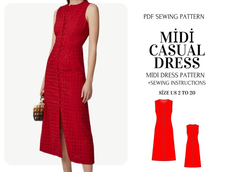 Sleeveless Button Front Midi Dress Sewing Pattern, US 2-20 (digital ...