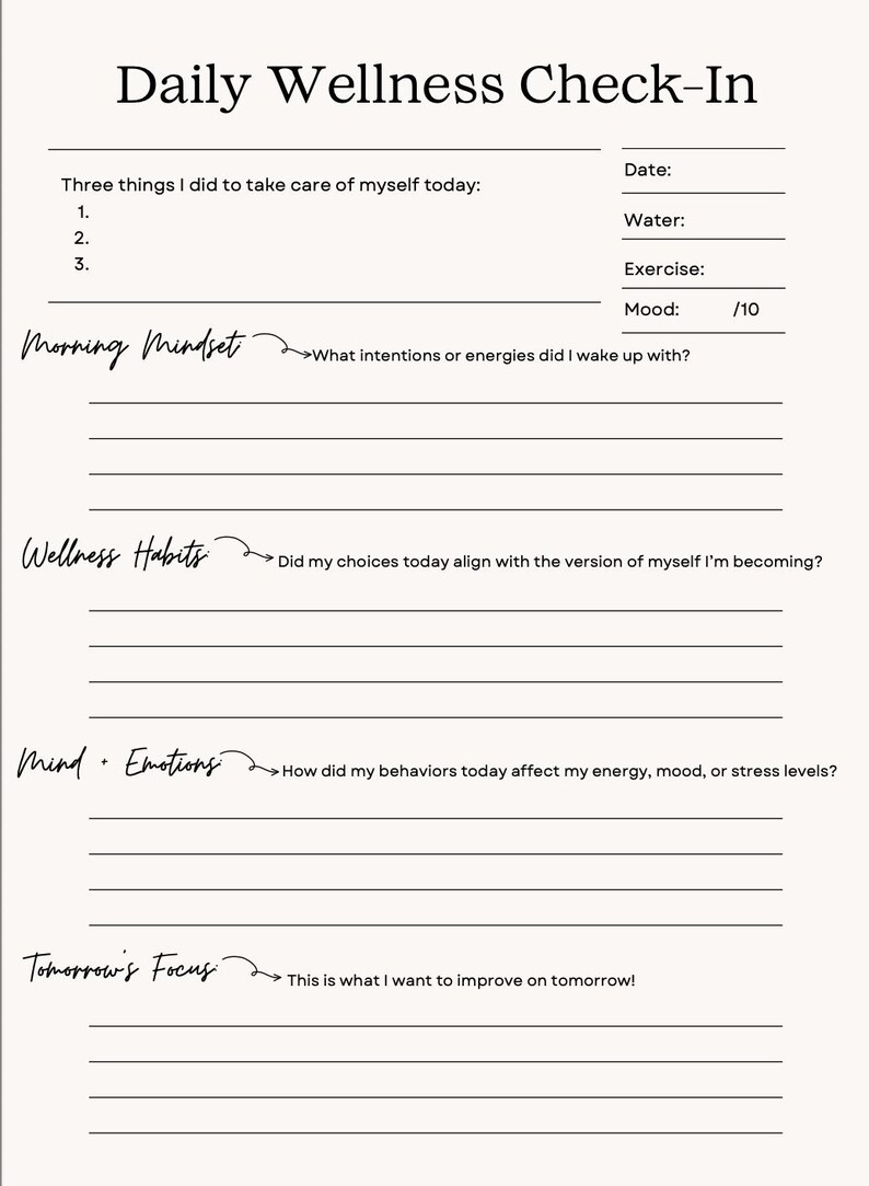 Daily Wellness Check-in Journal Template - Etsy