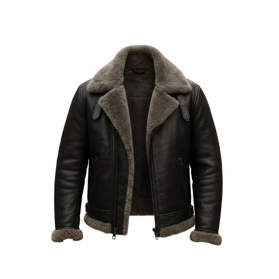 Men's Black Lambskin Shearling Aviator Bomber Jacket Original Leather ...