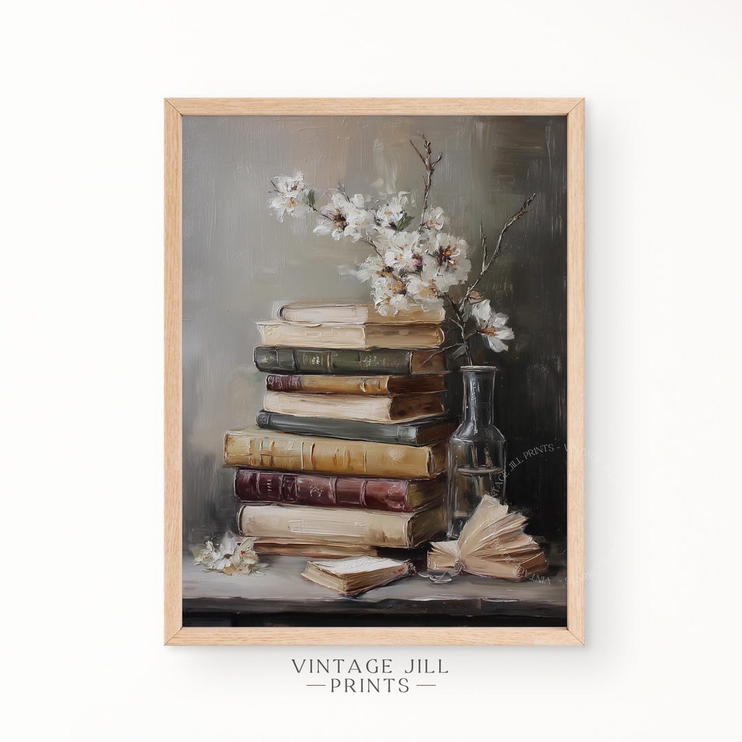 Vintage Book Stack Painting - Rustic Neutral Wall Art, Cozy Home Decor ...