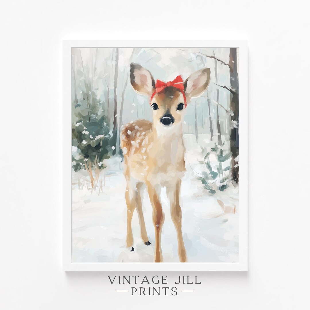 Printable Winter Deer Art in Snowy Forest - Cute Holiday Fawn With Red ...