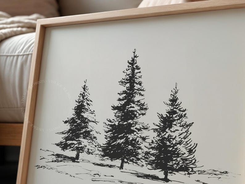 Pinheiros perenes de inspiração vintage na neve - Paisagem minimalista ...