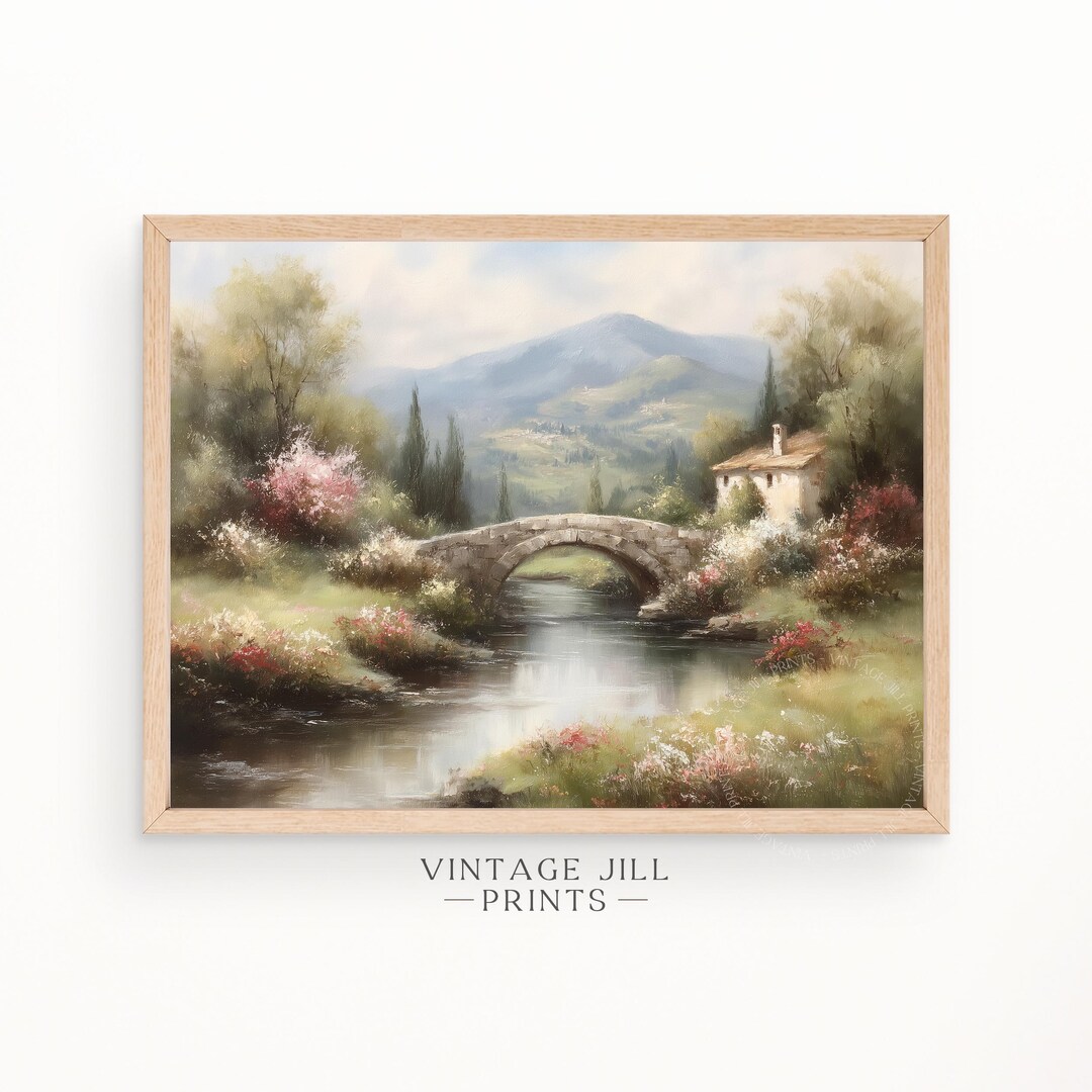 Vintage Stone Bridge Landscape - Rustic Cottagecore Painting, Tranquil ...