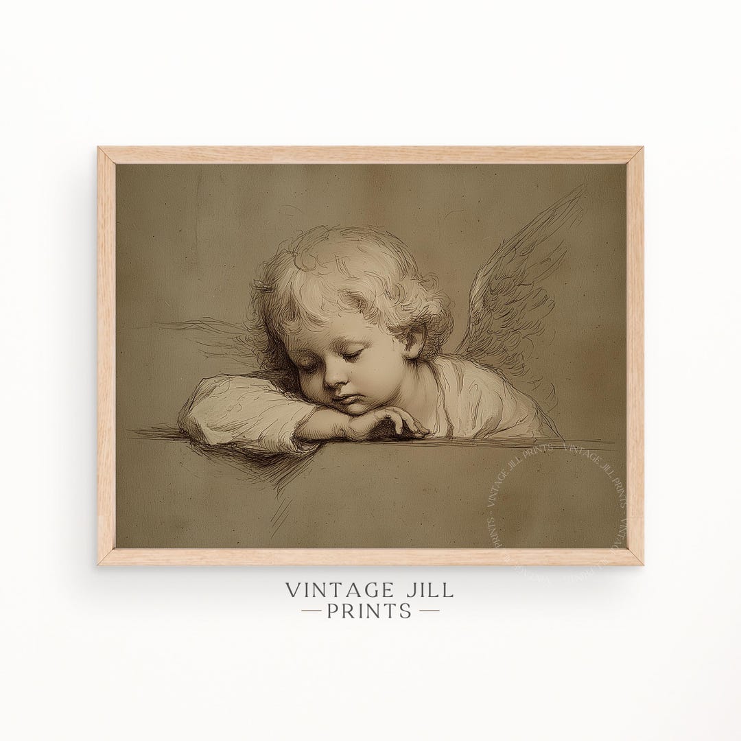 Vintage Angel in Repose - Serene Cherub Sketch, Classic Sepia-tone Art ...