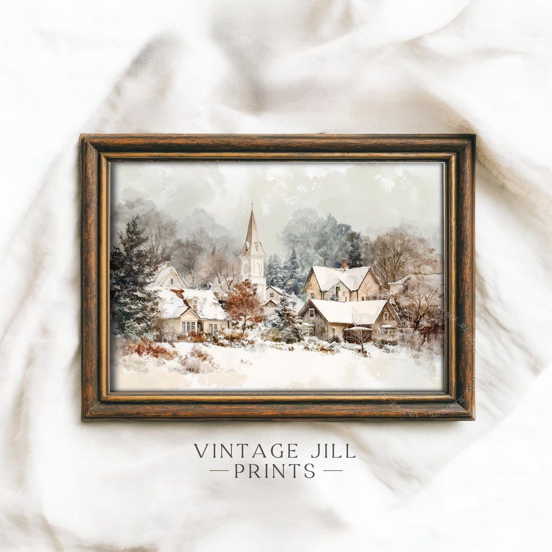 Rustic Winter Village Scene Printable Art - Cozy Snow-covered Cottages ...