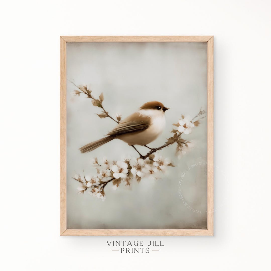 Vintage Songbird on Flowering Branch - Cottagecore Botanical Art ...