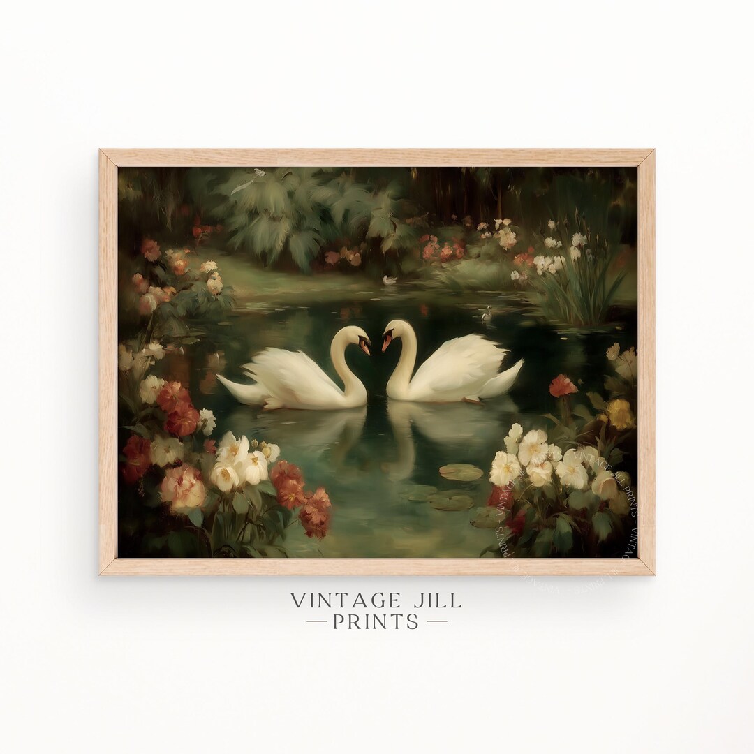 Pintura romântica do Lago dos Cisnes para imprimir - Arte vintage ...