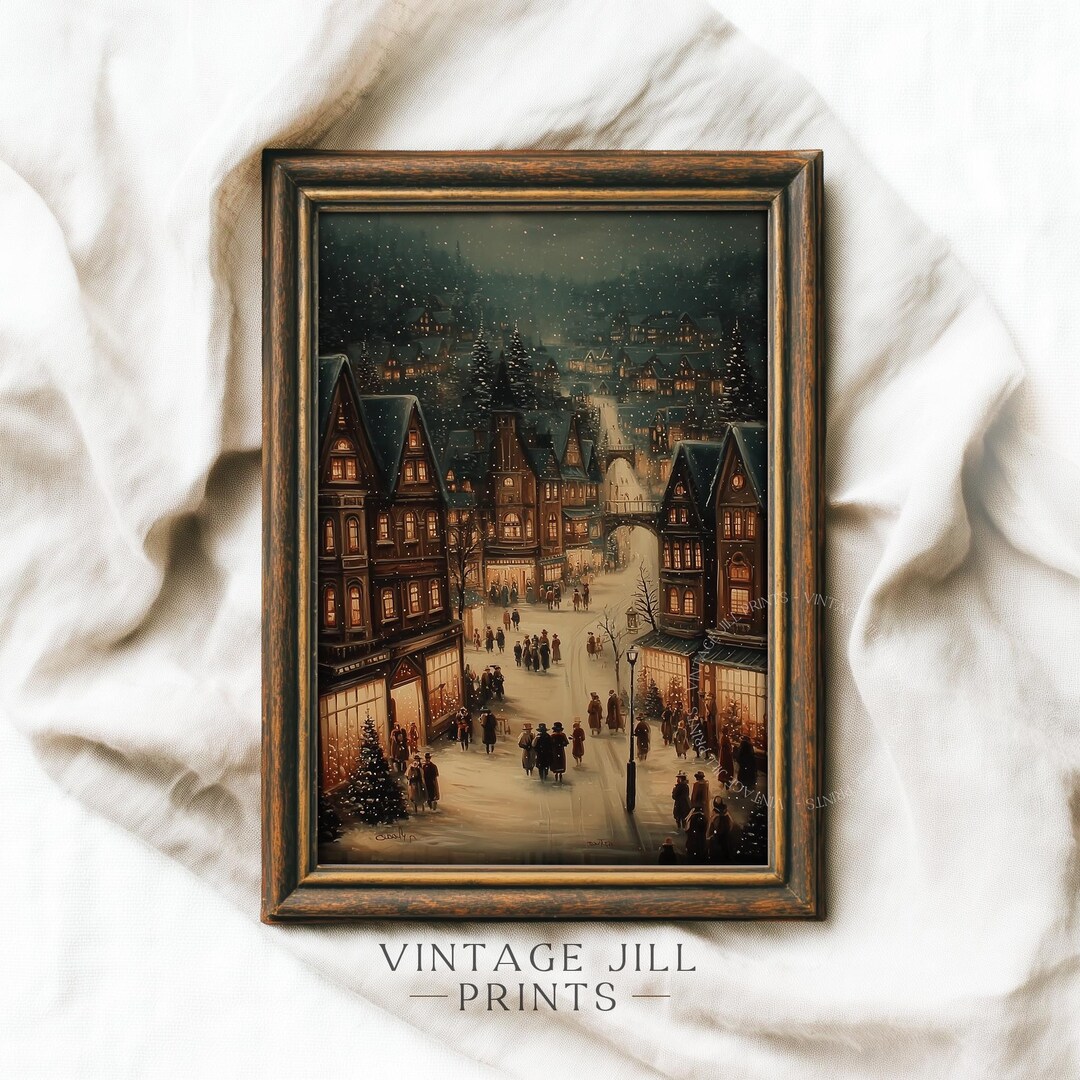 Vintage Christmas Village Street Scene - Printable Holiday Wall Art ...