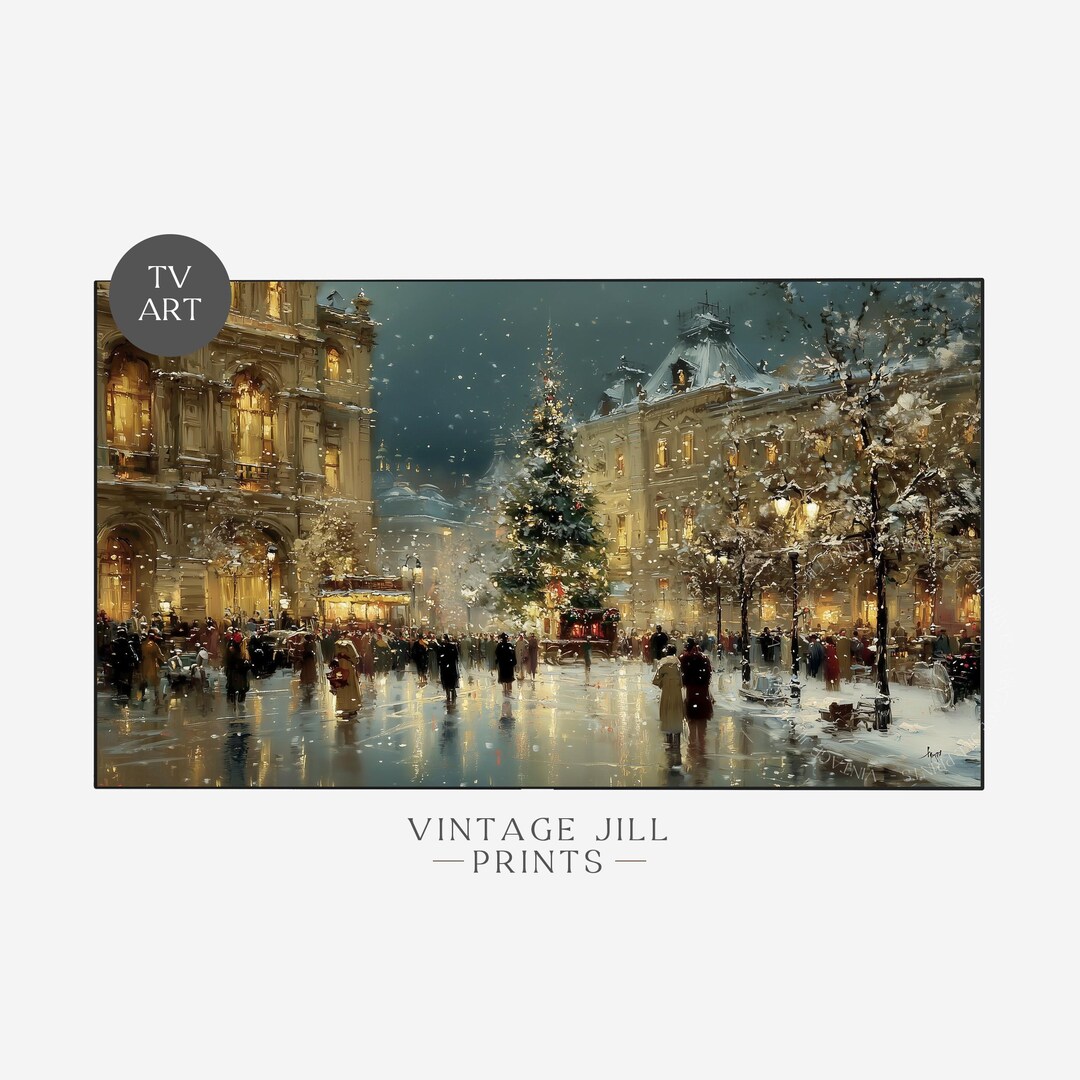 Vintage Christmas Tree Scene Frame TV Art, Festive Town Square, Snowy ...