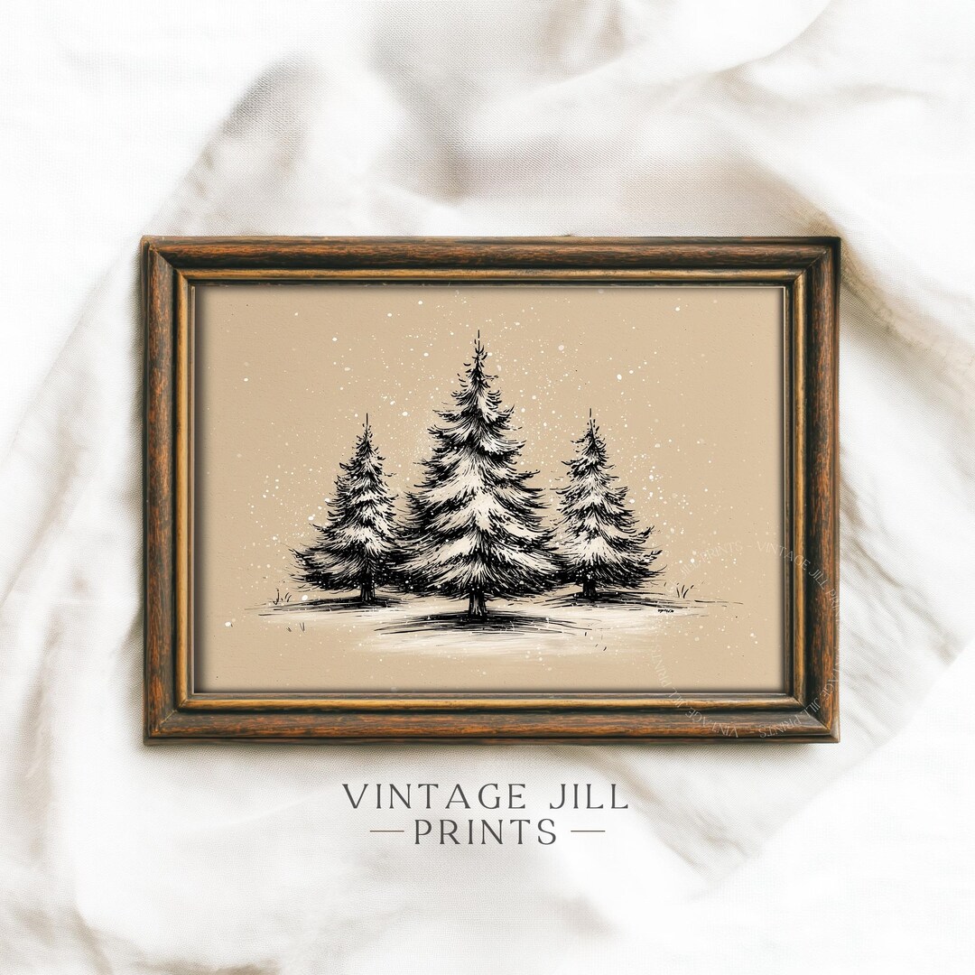 Printable Winter Woodland Scene - Rustic Ink Sketch of Snow-dusted ...