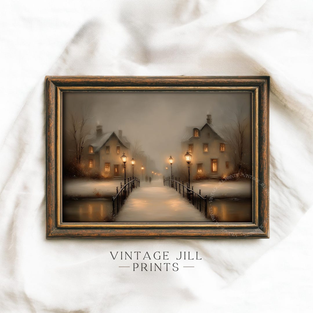 Printable Winter Village Scene - Moody Cottagecore Bridge, Romantic ...