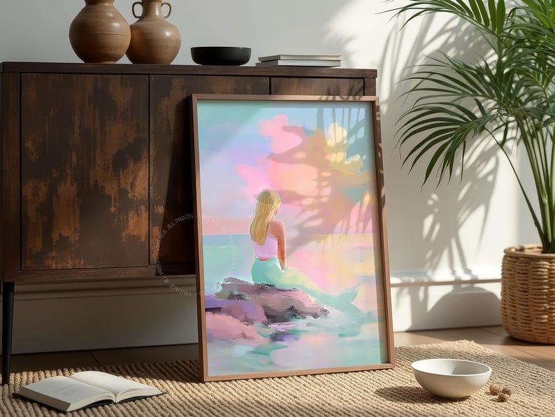 Printable Mermaid Pastel Coastal Painting - Serene Oceanic Scene ...