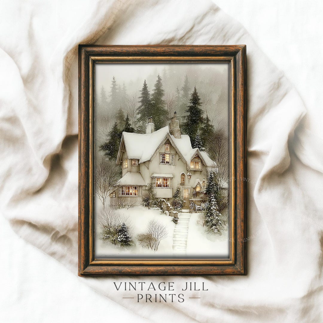 Vintage Winter Cottage Printable - Cozy Snow-covered Scene, Rustic ...
