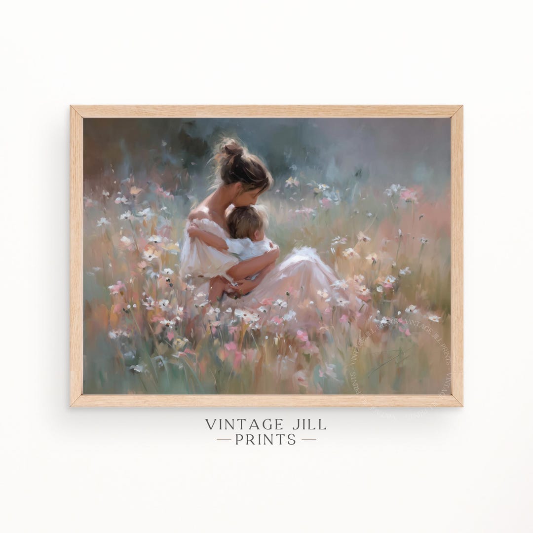 Vintage Mother & Child in Wildflower Meadow - Romantic Impressionistic ...