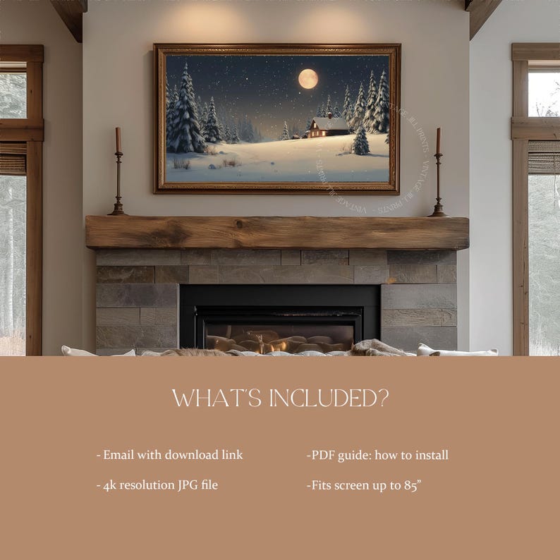 Rustic Winter Frame TV Art, Vintage Cabin in the Snow, Moody Landscape, Cozy Festive Wall Decor ...