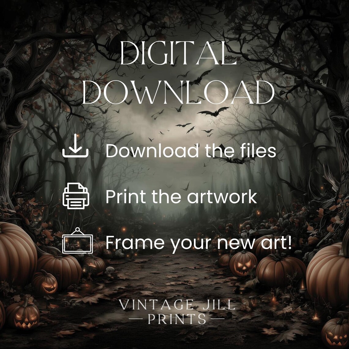 Arte para impressão de caminho assombrado na floresta - Cena gótica de ...