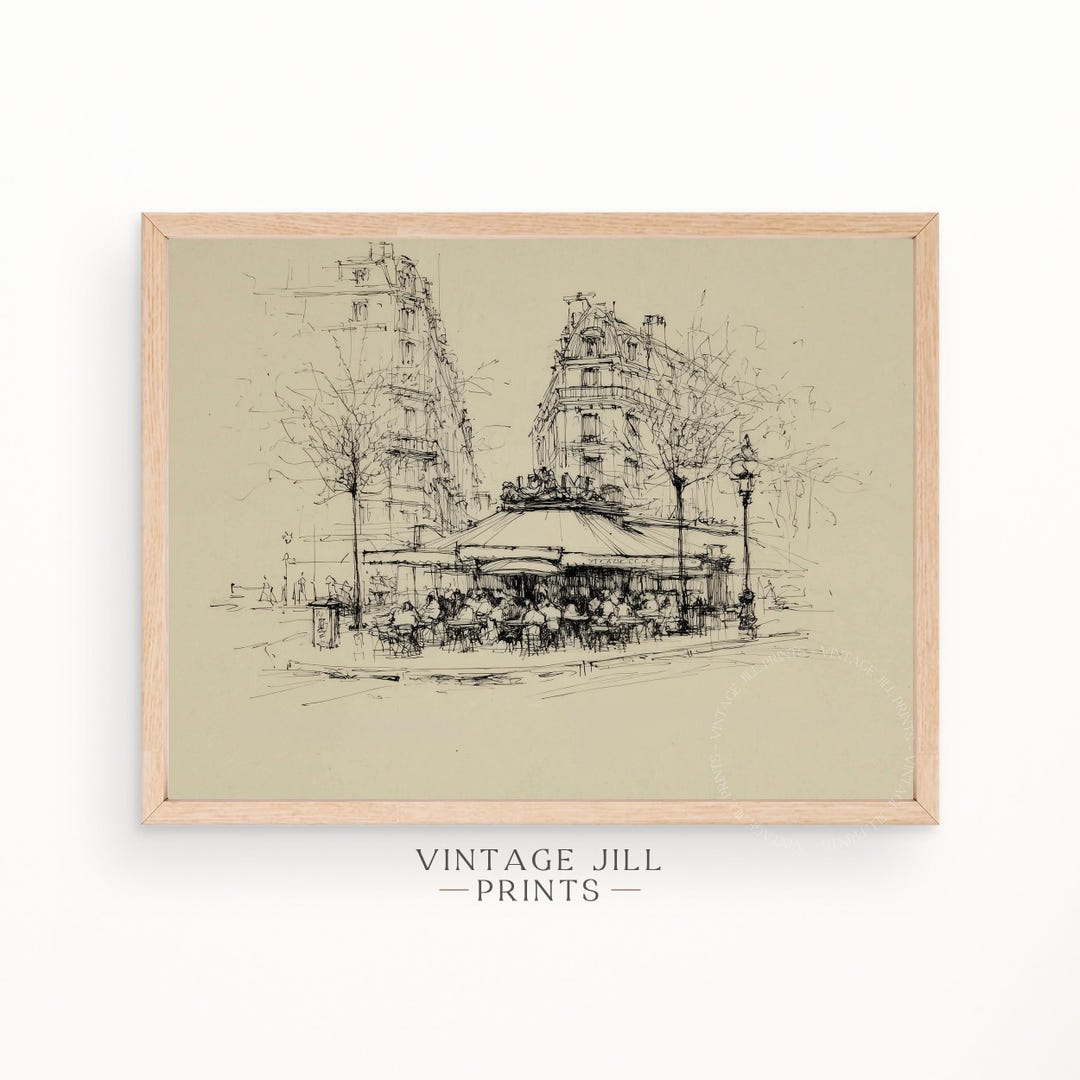 Parisian Cafe Terrace Sketch, Printable Vintage Line Drawing - Neutral ...