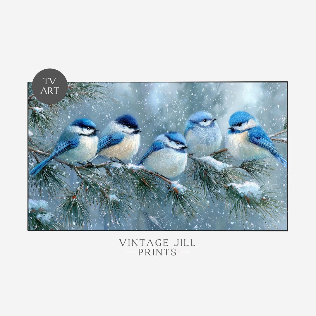 Winter Frame TV Art, Cozy Blue Songbirds Illustration Art for Samsung ...