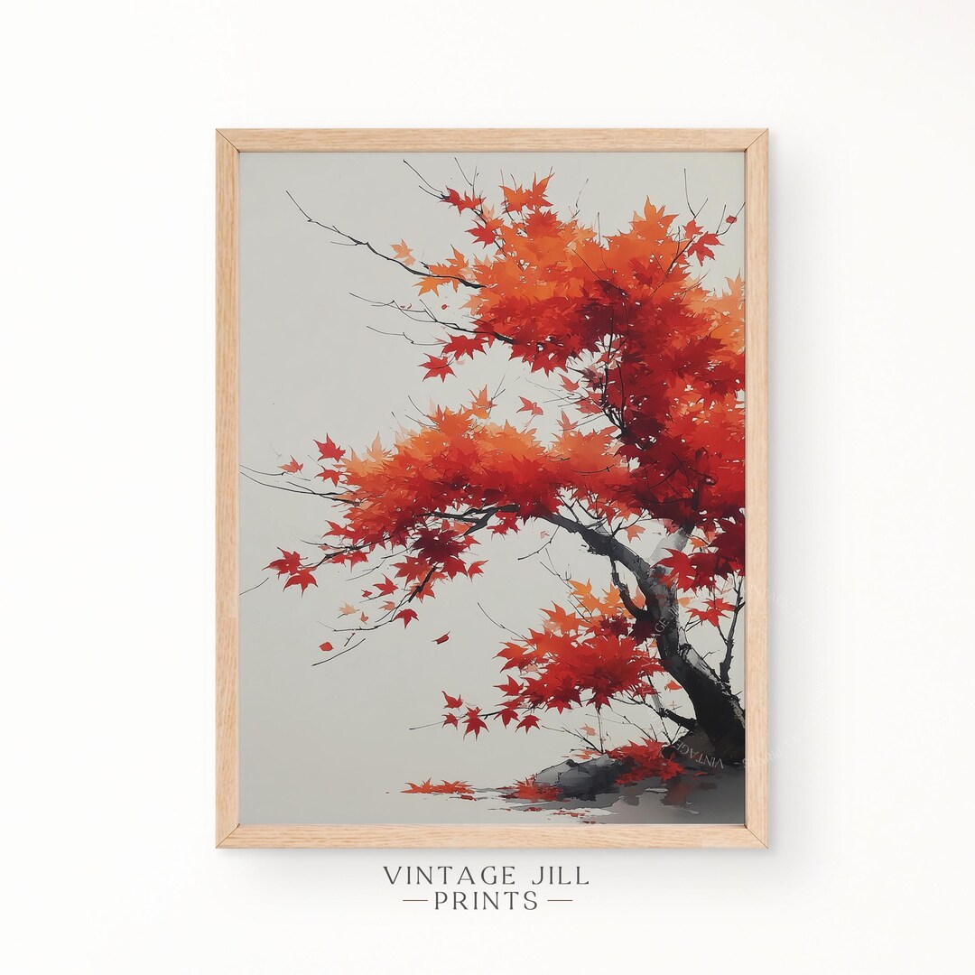 Autumnal Red Maple Tree Art - Minimal Chinese Brush Painting, Serene ...