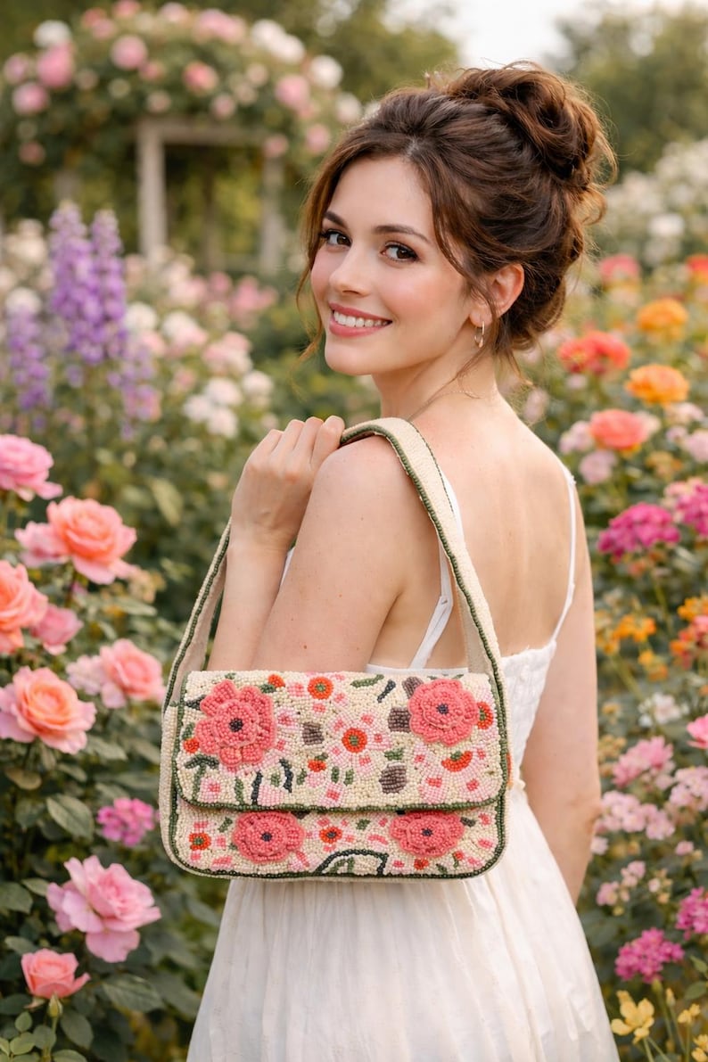 Hand Beaded Garden Floral Shoulder Bag | Staud Bag Dupe - Etsy