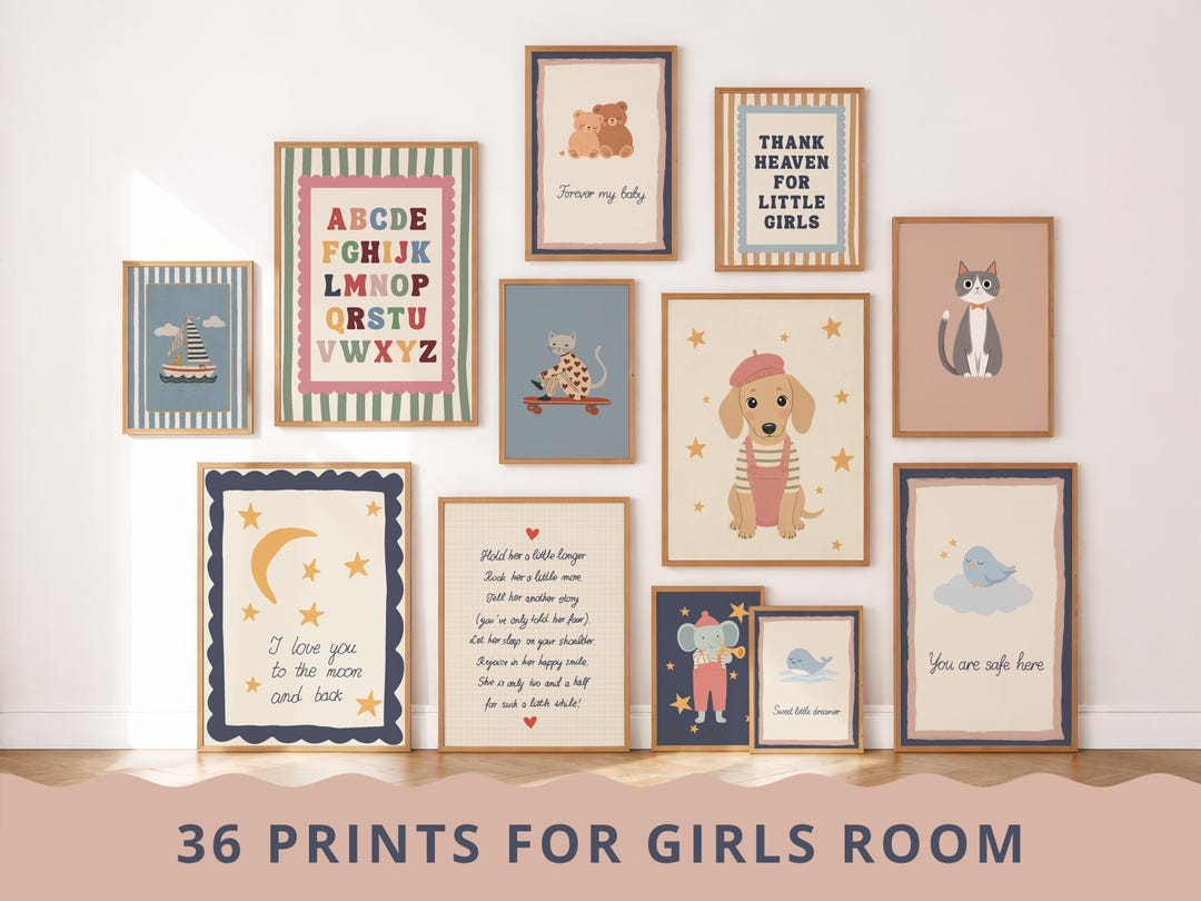 36 Piece Girl Nursery Wall Art Set, Pink Blue Nursery Prints, Baby Girl ...