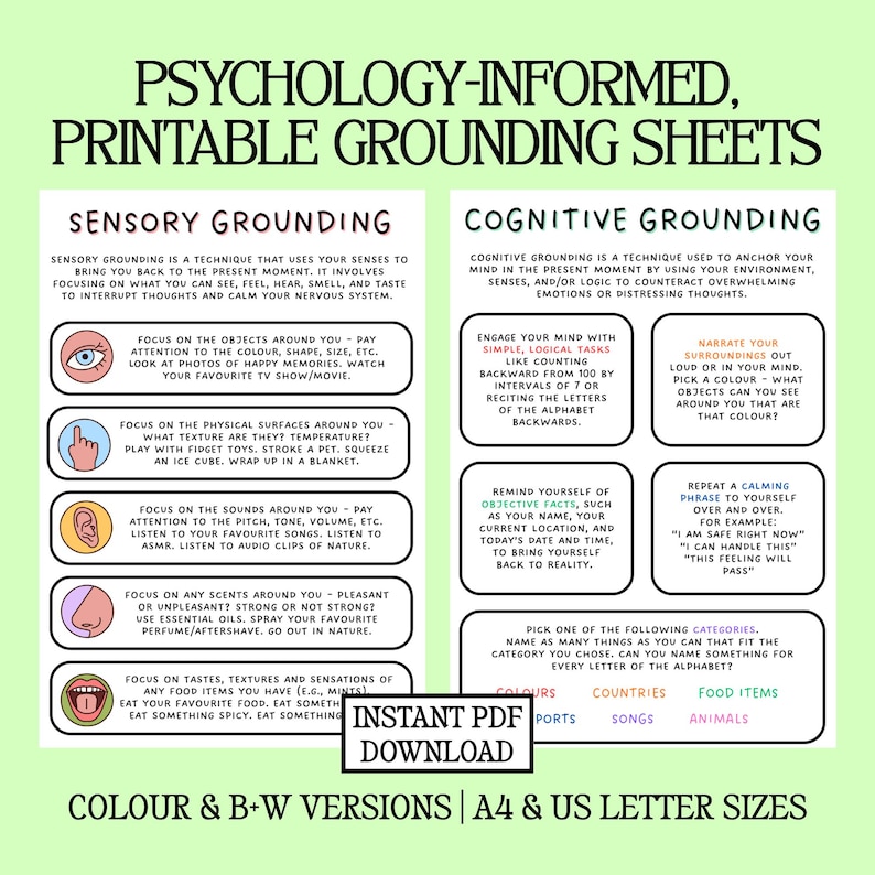 Grounding Techniques Printable | Anxiety Grounding Cheat Sheet | Coping ...