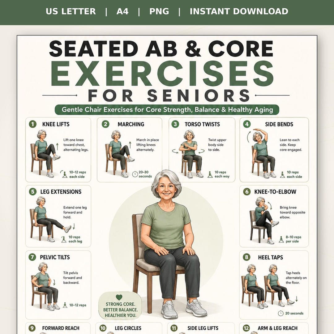 Seated Ab and Core Exercises for Seniors Poster |gentle Chair Workout ...