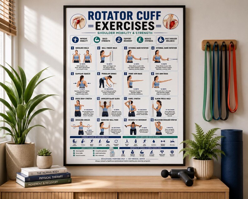Rotator Cuff Exercises Printable Poster, Shoulder Rehab Mobility Chart ...