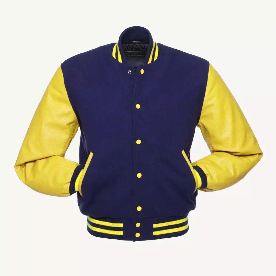 Navy Blue Varsity Jacket With Yellow Leather Sleeves – Classic Wool ...