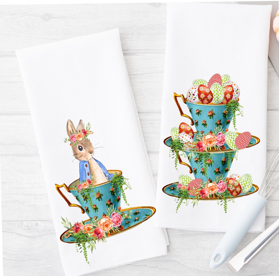 Easter Tea Cup Bunny Kitchen Towel, Easter Bunny With Eggs Kitchen ...