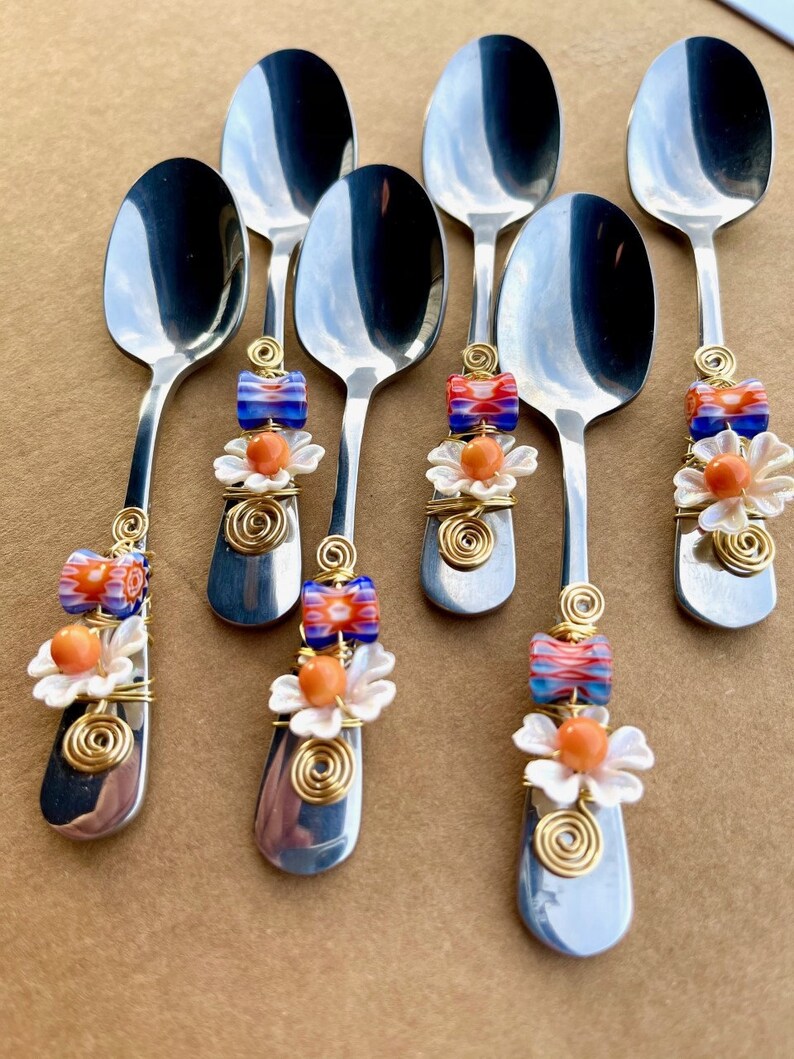 Beaded Tea Spoon Colorful Flowers Wire Wrapped Crystals - Etsy