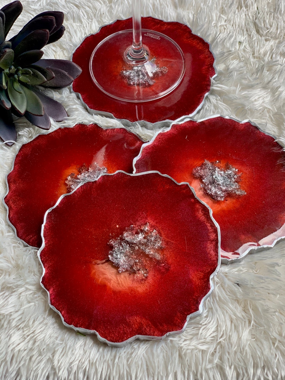 Unique Geode Shape Resin Coasters, Agate Coaster, Red and Silver Geode ...
