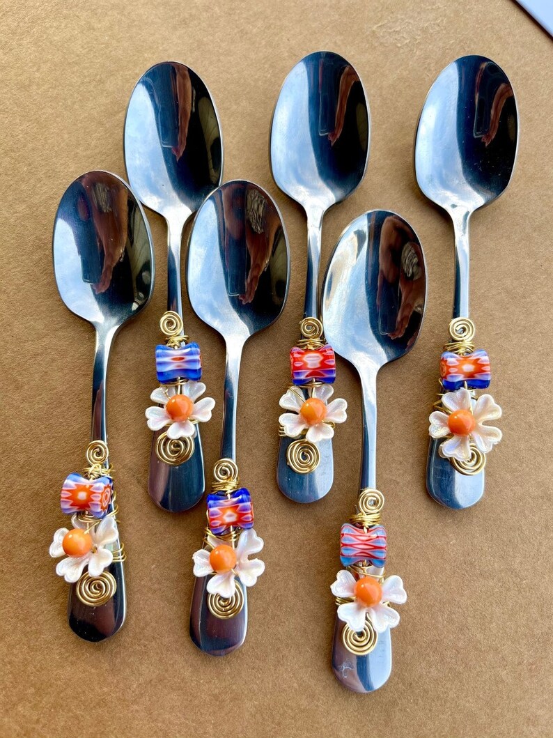 Beaded Tea Spoon Colorful Flowers Wire Wrapped Crystals - Etsy