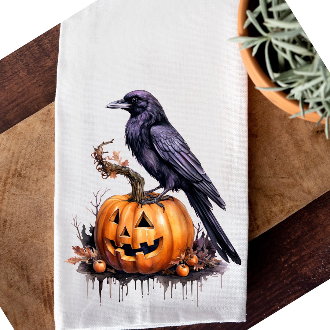 Halloween Dish Towels, Black Cat, Black Bird, Fall Gifts, Orange ...